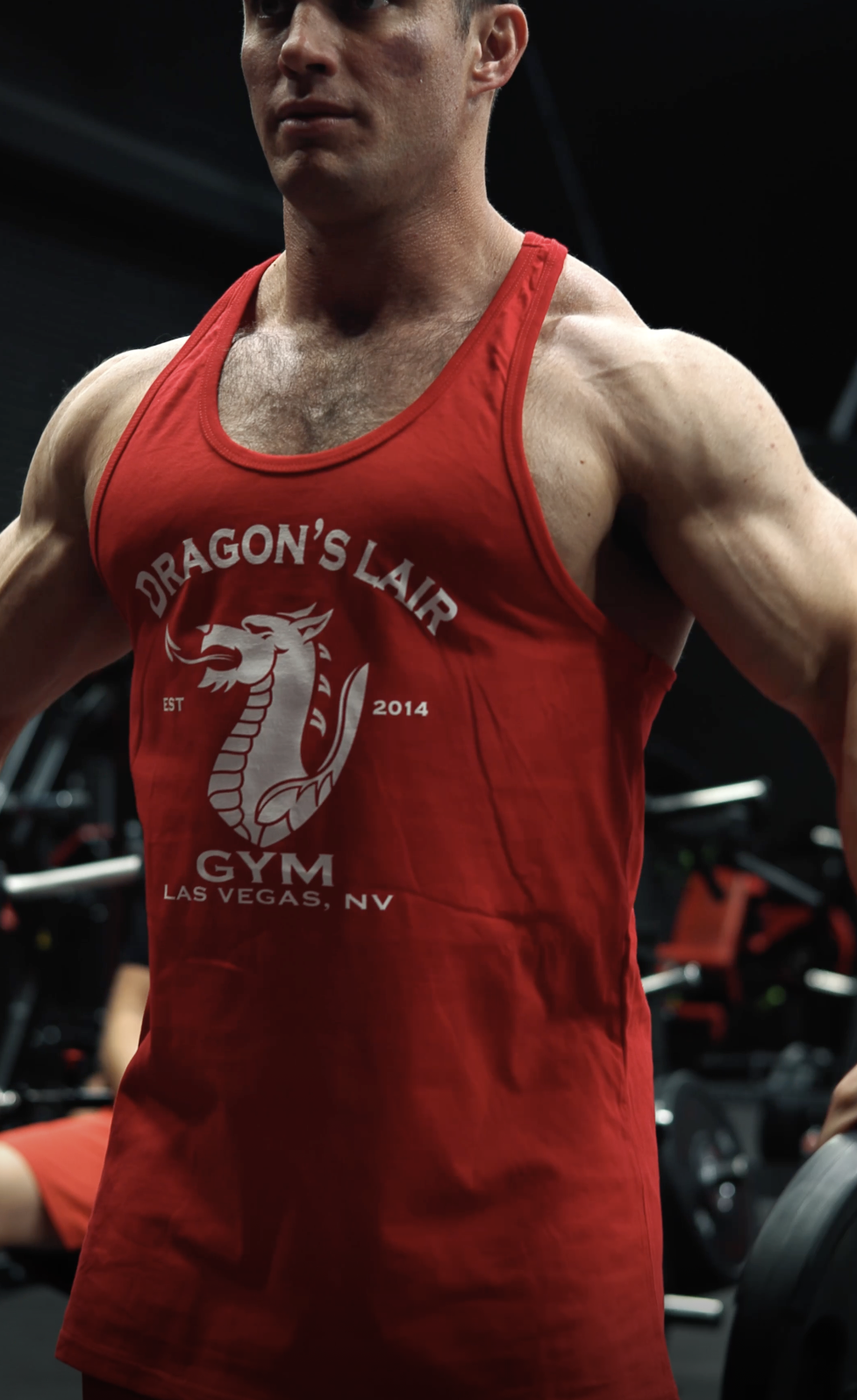 Red Stringer Tank with White Dragon's Lair Gym Logo